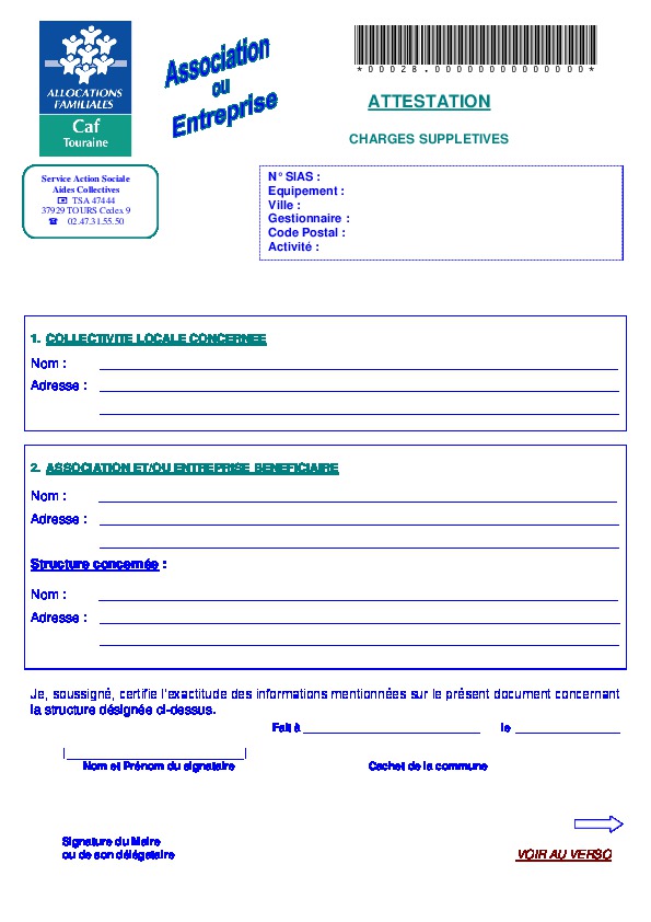 Attestation charges supplétives | Caf Touraine
